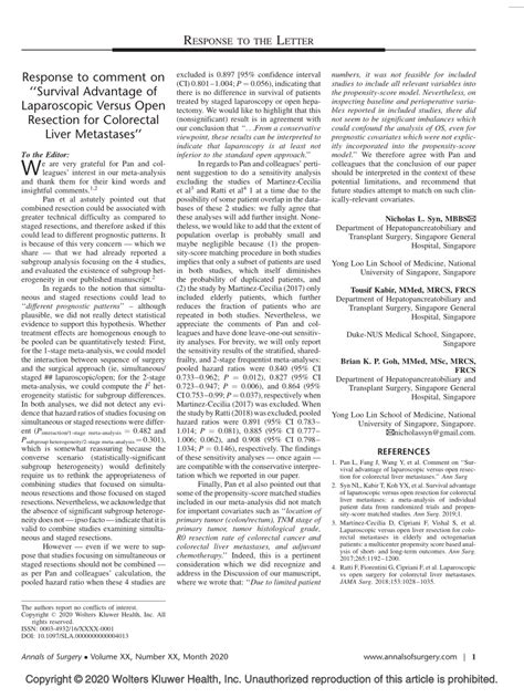 Pdf Response To Comment On Survival Advantage Of Laparoscopic Versus
