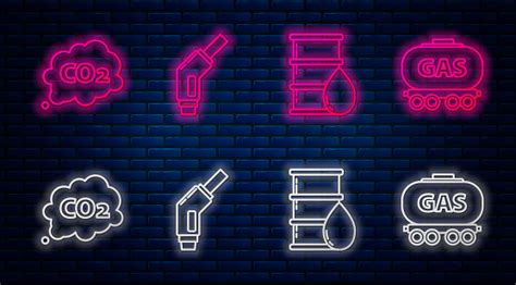 세트 라인 가솔린 펌프 노즐 배럴 오일 구름의 Co2 배출 및 가스 철도 수조 벽돌 벽에 빛나는 네온 아이콘 벡터 0명에 대한