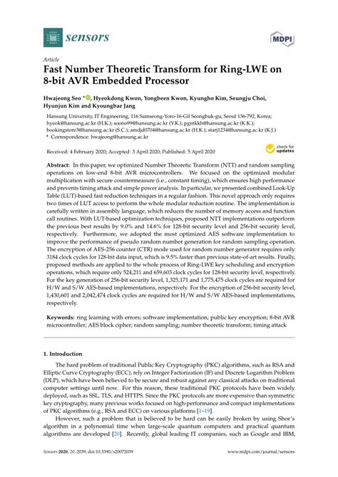 Pdf Fast Number Theoretic Transform For Ring Lwe On 8 Bit Avr Embedded Processor
