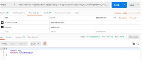 Test Speech To Text Watson Api With Postman But Get Error 401 On