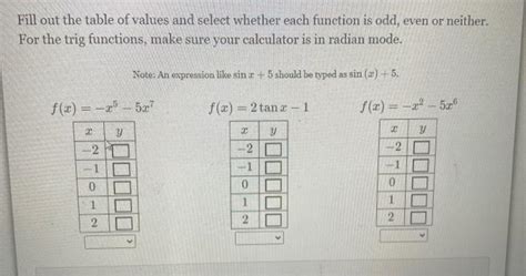 Solved Fill Out The Table Of Values And Select Whether Each