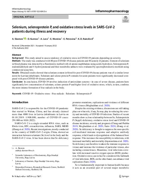 Pdf Selenium Selenoprotein P And Oxidative Stress Levels In Sars