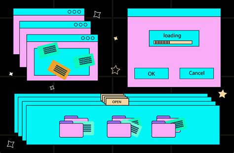 복고풍 메시지 창입니다 컴퓨터 화면에 오류가 있는 데스크톱 인터페이스입니다 팝업 대화 상자가 있는 브라우저입니다 모달 메시지 및 경고 창 시스템 오류가 있는 탭을 엽니다