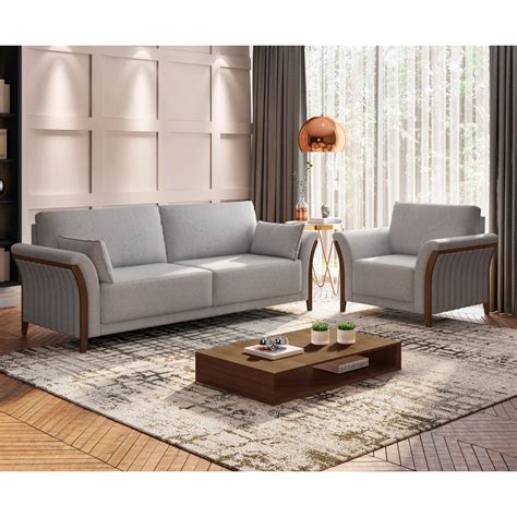 Conjunto Sofá 2 Lugares E Poltrona Perry Linho Cinza Claro Sallar Home Sofá Moderno E