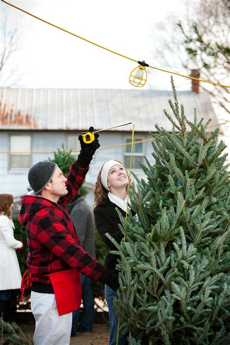 Tree Lot Employee Measures Tree For Woman By Stocksy Contributor Sean Locke Stocksy