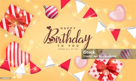 생일 축하합니다 인사말 벡터 배경 디자인 노란색 배경의 생일 인사말 텍스트 와 선물 상자 파티 모자 페넌트 및 별 요소 장식 벡터 일러스트 레이 션 초대장 3차원 형태에