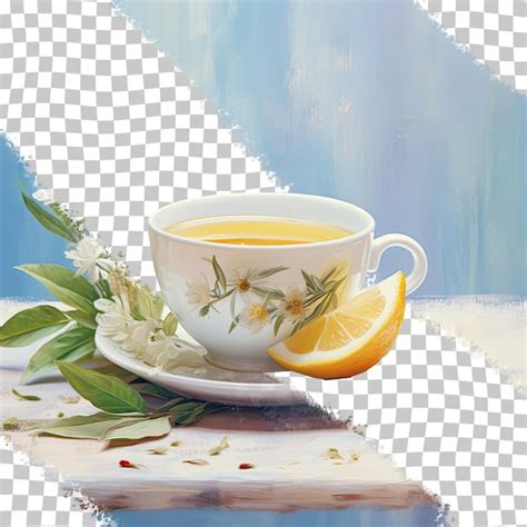 투명한 배경의 흰색 컵에 레몬을 넣은 허브 차 프리미엄 Psd 파일