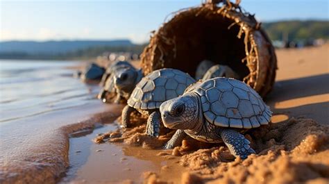 Premium Ai Image Turtles Hatching And Crawling On The Beach