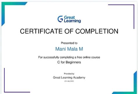 Completed C For Beginners Course By Great Learning Mani Mala M Posted