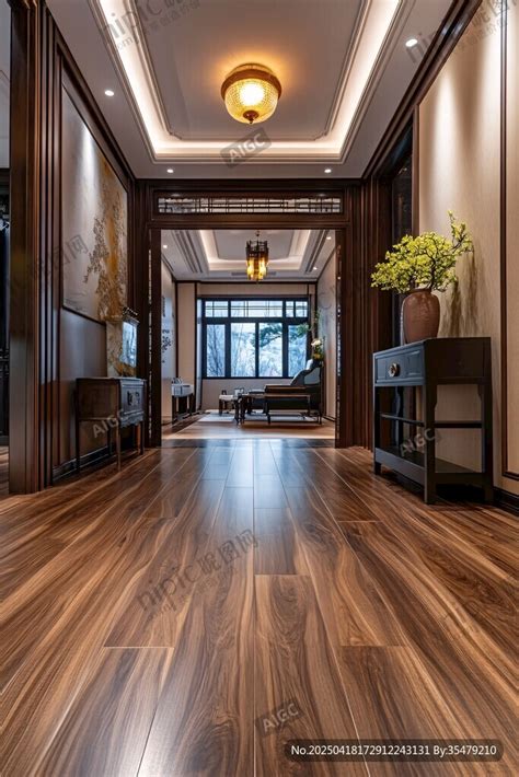 Ai创作图中式 走廊 木地板 吊顶 壁灯 绿植 柜子 窗户 家具 装饰 室内 家居 灯具 木质 陈设 昵图网