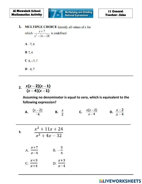 Rational Expressions Interactive Worksheet Live Worksheets Worksheets Library