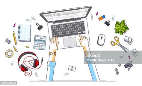 작업 책상 작업 영역 상단 보기 회사원 또는 기업가 노트북 Pc 및 많은 다른 편지지 개체의 손으로 테이블에 모든 요소는 별도로 사용 하기 쉽습니다 벡터입니다 3차원 형태에