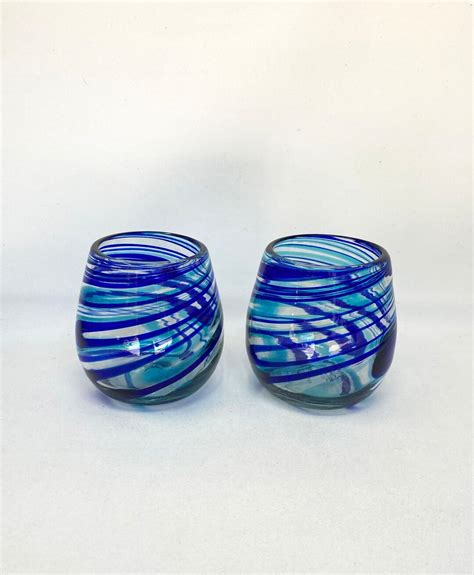 2 Hand Blown Stemless Wine Glasses Turquoiseblue Swirl Etsy