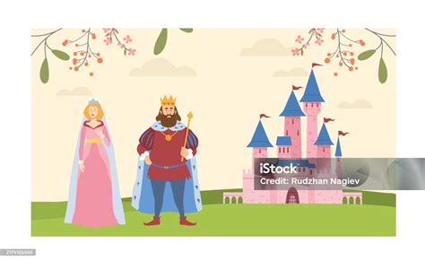 동화의 왕국 왕과 공주는 고대 성 근처에 있습니다 환상과 상상력 아름 다운 고급 옷 왕실 평면 벡터 일러스트 레이 션 성 건축물에 대한 스톡 벡터 아트 및 기타 이미지