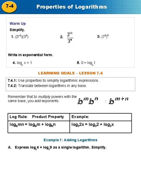 7 4 Properties Of Logarithms Warm Up Simplify