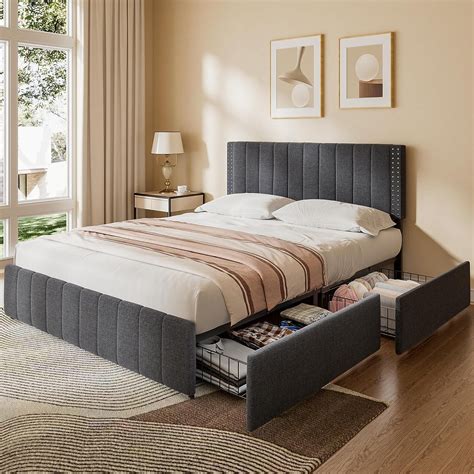 Lofka Queen Bed Frame With Storage Drawers Queen Bed 880lbs Dark Gray