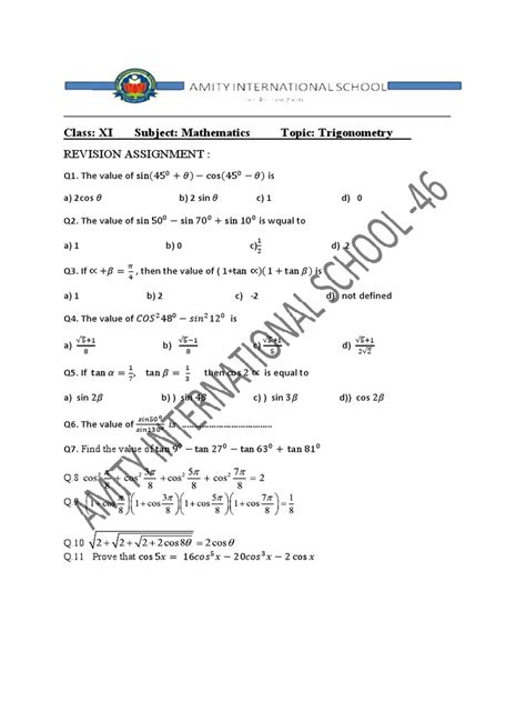 Revision Assignment On Trigonometric Functions Pdf