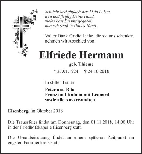 Traueranzeigen Von Elfriede Hermann Trauer In Thueringen De
