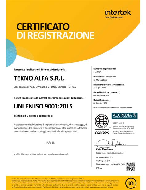 Teknoalfa Iso 9001 Intertek Certificate Page 0001 • Teknoalfa