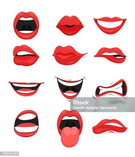벡터 일러스트 레이 션의 붉은 입술 식 얼굴 제스처 컬렉션 귀여운 입 설정합니다 튀어나와 혀 다른 감정을 흰색 배경에 고립 된