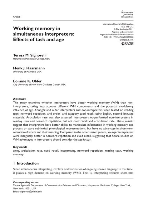 Pdf Working Memory In Simultaneous Interpreters Effects Of Task And Age
