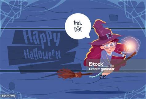 귀여운 마녀 빗자루 스틱 해피 할로윈 배너 파티 축 하 개념에 비행 10월에 대한 스톡 벡터 아트 및 기타 이미지 10월 Invitational 가을 Istock
