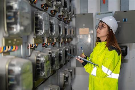 Premium Photo Asian Electric Engineer Holding Clipboard For Checking And Monitoring The