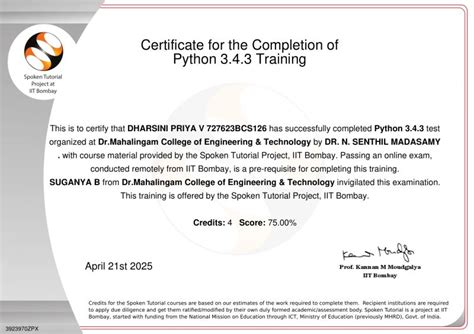 Python Iitbombay Spokentutorial Certification Continuouslearning Dharsini Priya