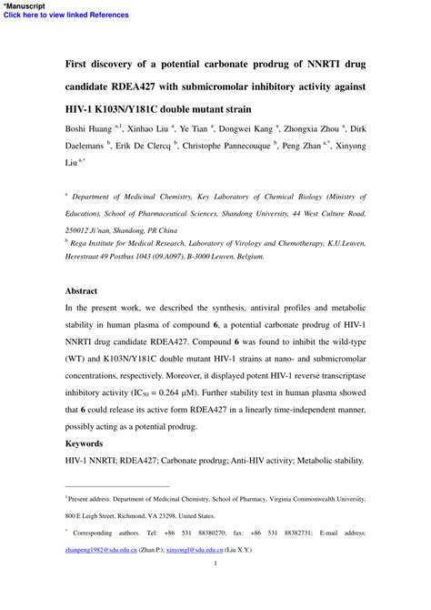 Pdf First Discovery Of A Potential Carbonate Prodrug Of Nnrti Drug