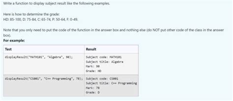 Solved Write A Function To Display Subject Result Like The Chegg Com