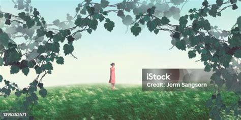 초원에있는 외로운 여자 외로움 고독 혼자에 대한 개념 아이디어 자연에있는 사람들 그림 3d 그림 여자에 대한 스톡 벡터 아트 및 기타 이미지 Istock
