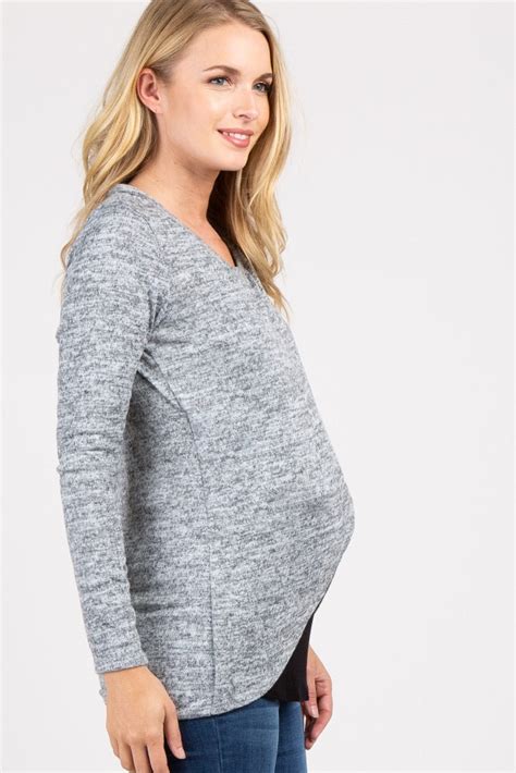 Heather Grey Layered Wrap Hem Maternity Nursing Top Pinkblush