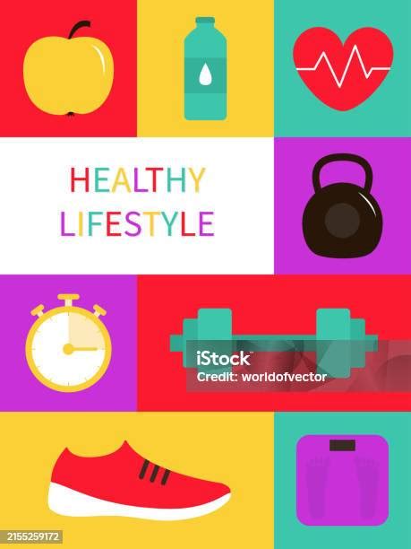 건강한 라이프 스타일 포스터 카드 인쇄 60 년대 70 년대 히피 스타일로 설정된 그루비 복고풍 아이콘 사과 물병 케틀벨 웨이트 스톱워치 덤벨 스니커즈 웨이트 유행 색상