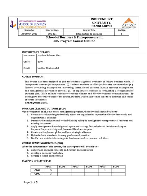 Bus201 Course Outline Obe Aut2023 Pdf Academic Dishonesty Marketing