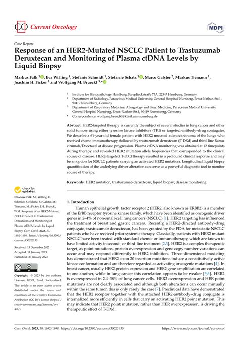 Pdf Response Of An Her2 Mutated Nsclc Patient To Trastuzumab Deruxtecan And Monitoring Of