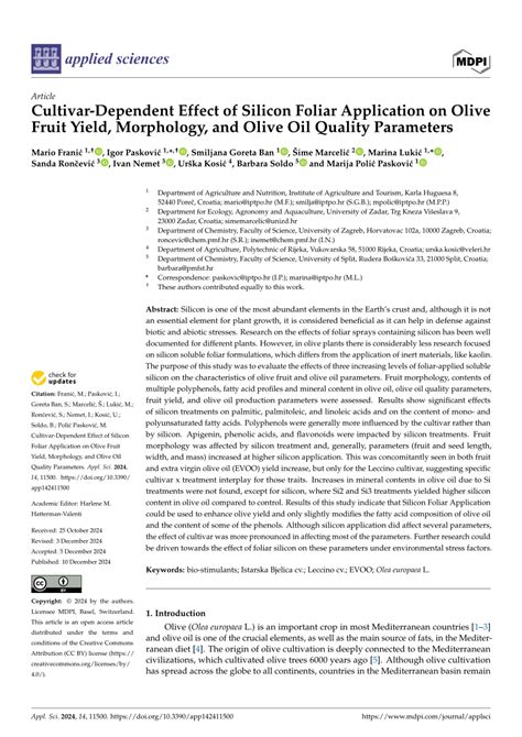 Pdf Cultivar Dependent Effect Of Silicon Foliar Application On Olive Fruit Yield Morphology