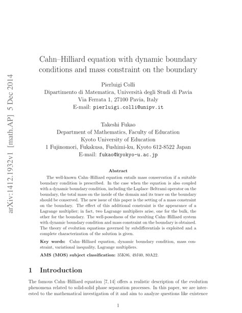 Pdf Cahn Hilliard Equation With Dynamic Boundary Conditions And Mass Constraint On The Boundary