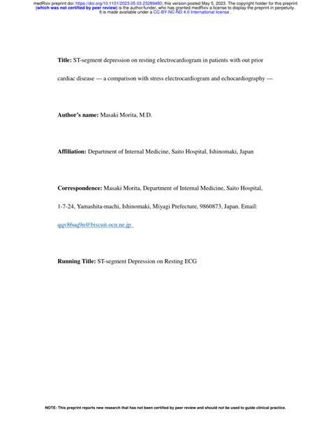 Pdf St Segment Depression On Resting Electrocardiogram In Patients With Out Prior Cardiac