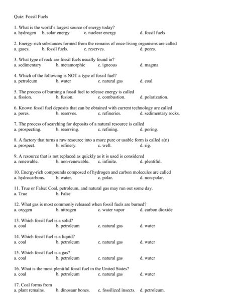 Fossil Fuels Quiz Energy Environment And Resources