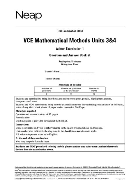 Fillable Online Vce Mathematical Methods Units 3and4 Formula Sheet 2023 Fax Email Print