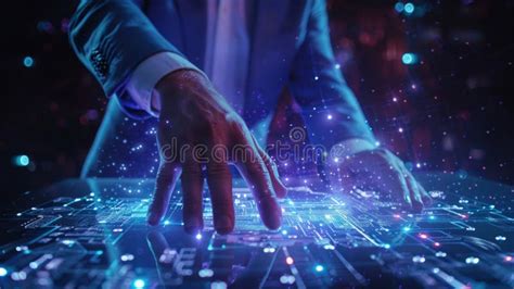 Close Up Of A Hand Touching Futuristic Interface With Digital Patterns