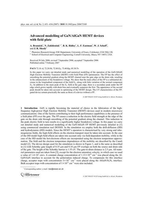 Pdf Advanced Modelling Of Ganalgan Hemt Devices With Field Plate