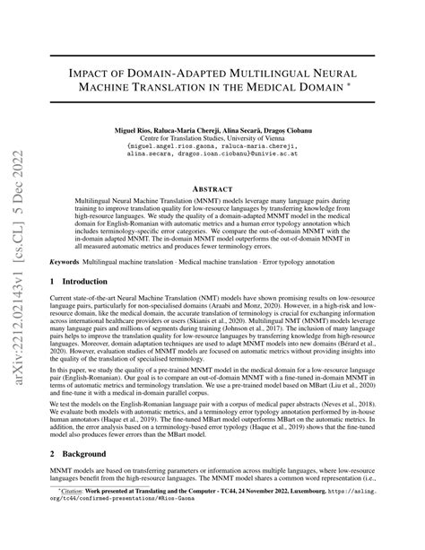 Pdf Impact Of Domain Adapted Multilingual Neural Machine Translation In The Medical Domain