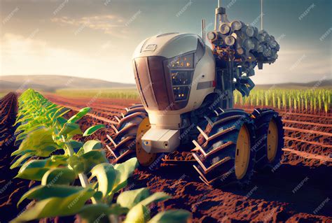 작물 분야에서 농산물을 수확하는 로봇 농업 혁신적인 미래 기술과 5g 스마트 농업 개념 Generative Ai 프리미엄 사진