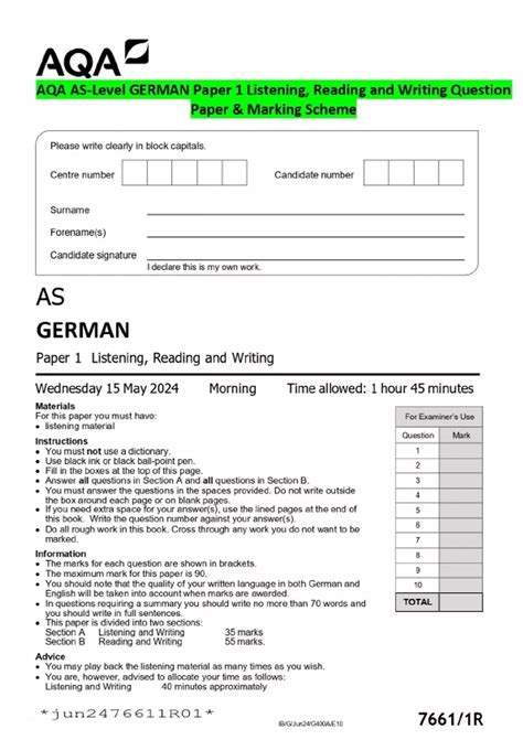 Package Aqa A Level German 2024 Complete Question Paper And Marking Scheme Merged Stuvia Uk