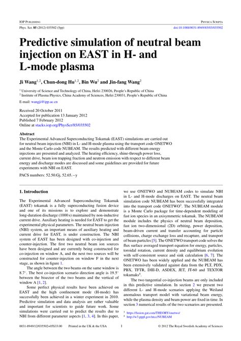 Predictive Simulation Of Neutral Beam Injection On East In H And L Mode Plasma Request Pdf