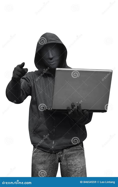 Hooded Hacker With Mask Holding Laptop While Appoint Stock Image Image Of Hooded Cracker