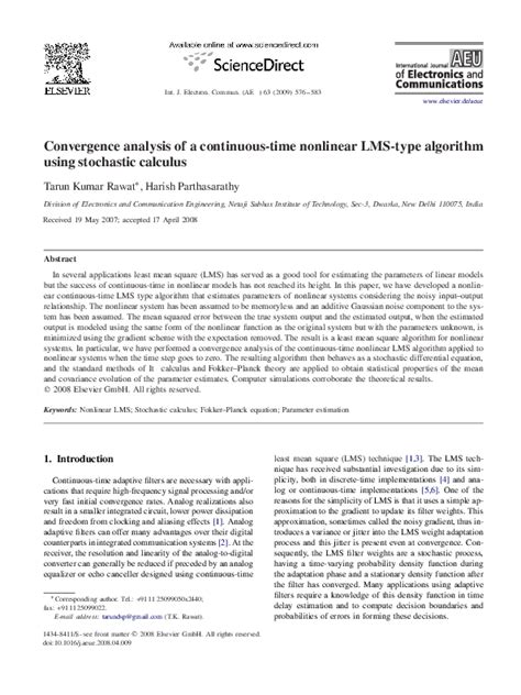 Pdf Convergence Analysis Of A Continuous Time Nonlinear Lms Type