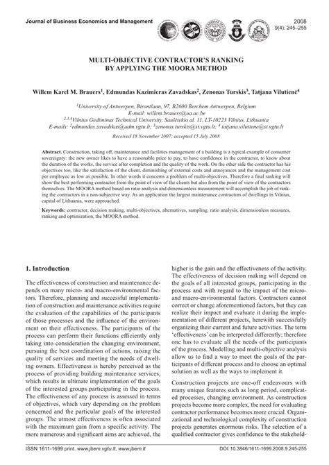 Pdf Multi Objective Contractors Ranking By Applying The Moora Method