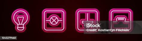 라인 크리 에이 티브 램프 조명 아이디어 전자 회로의 램프 전기 기호 접지 및 인덕터를 설정하십시오 빛나는 네온 아이콘입니다 벡터 Demobilization에 대한 스톡